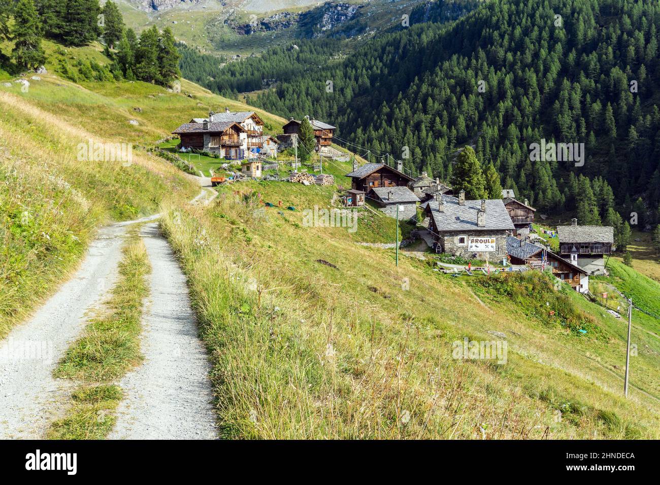 Italy, Aosta Valley, Champoluc, Crest mountain, Cuneaz village Stock ...