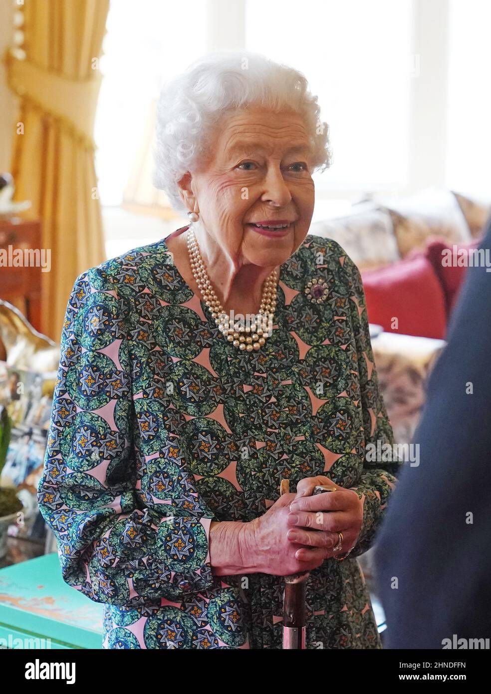Queen Elizabeth II speaks during an audience at Windsor Castle when she ...