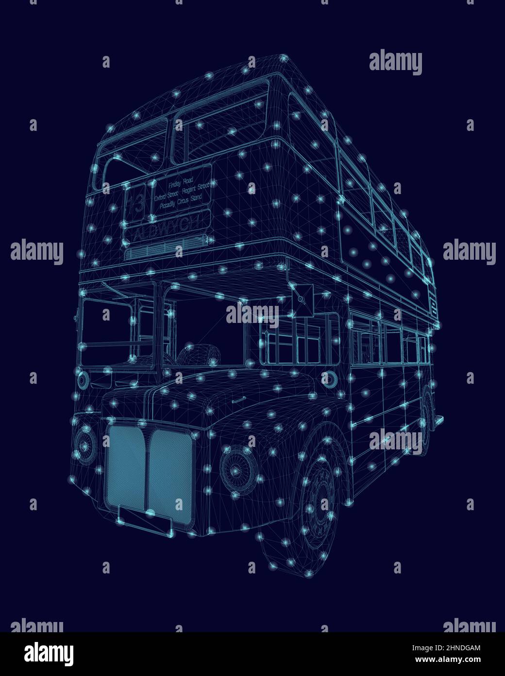 Wireframe of an English double decker bus made of blue lines isolated ...