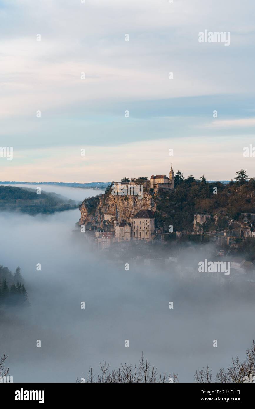 Rocamadour sunrise, Aerial view of the french village and castle on ...