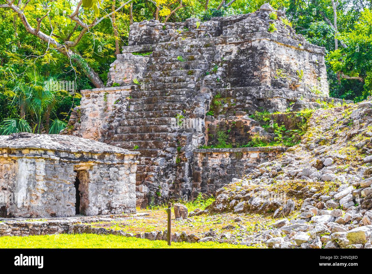 Ancient Mayan site with temple ruins pyramids and artifacts in the ...