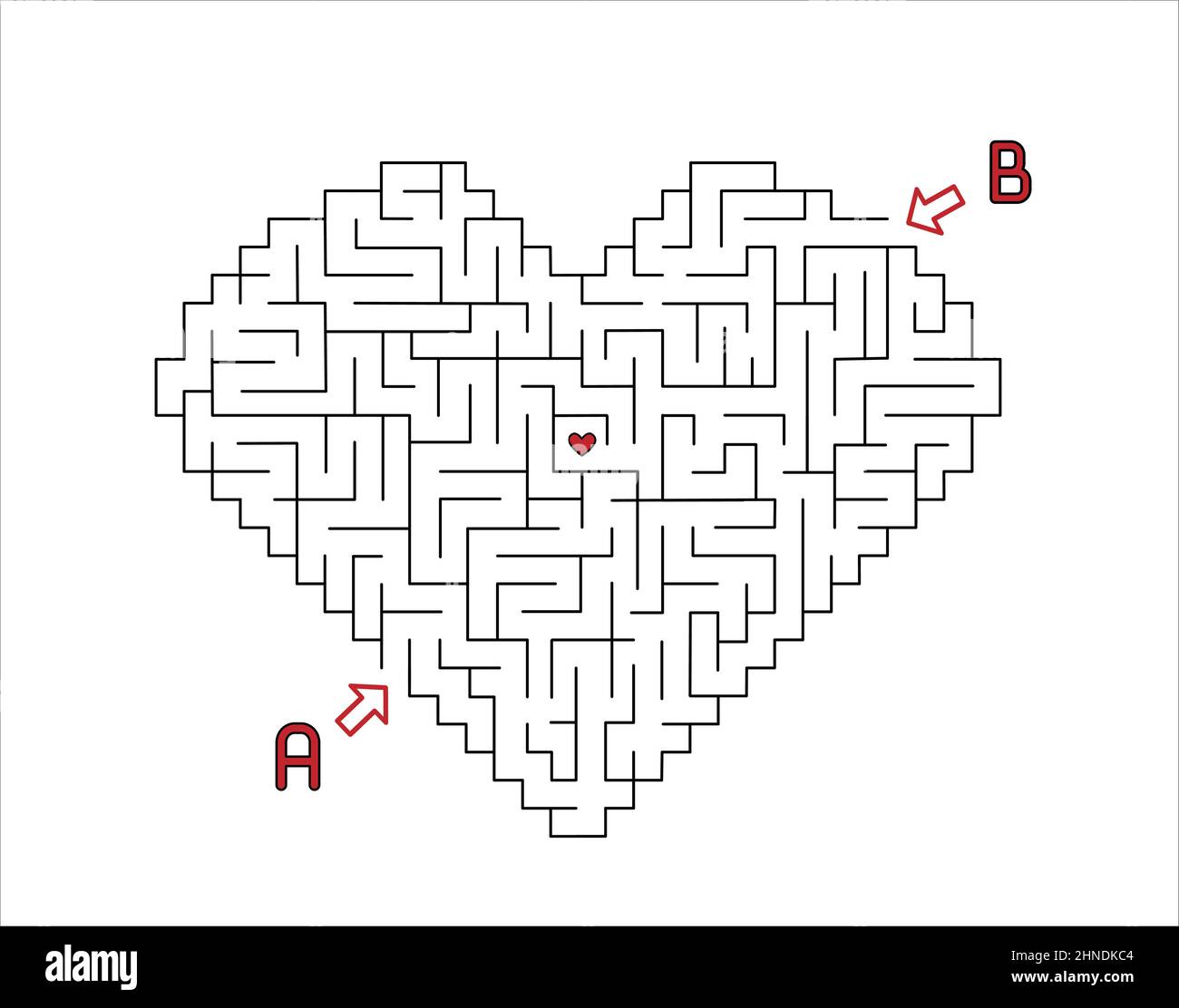 Maze with heart shape with two entries and two ways to goal. Valentines ...