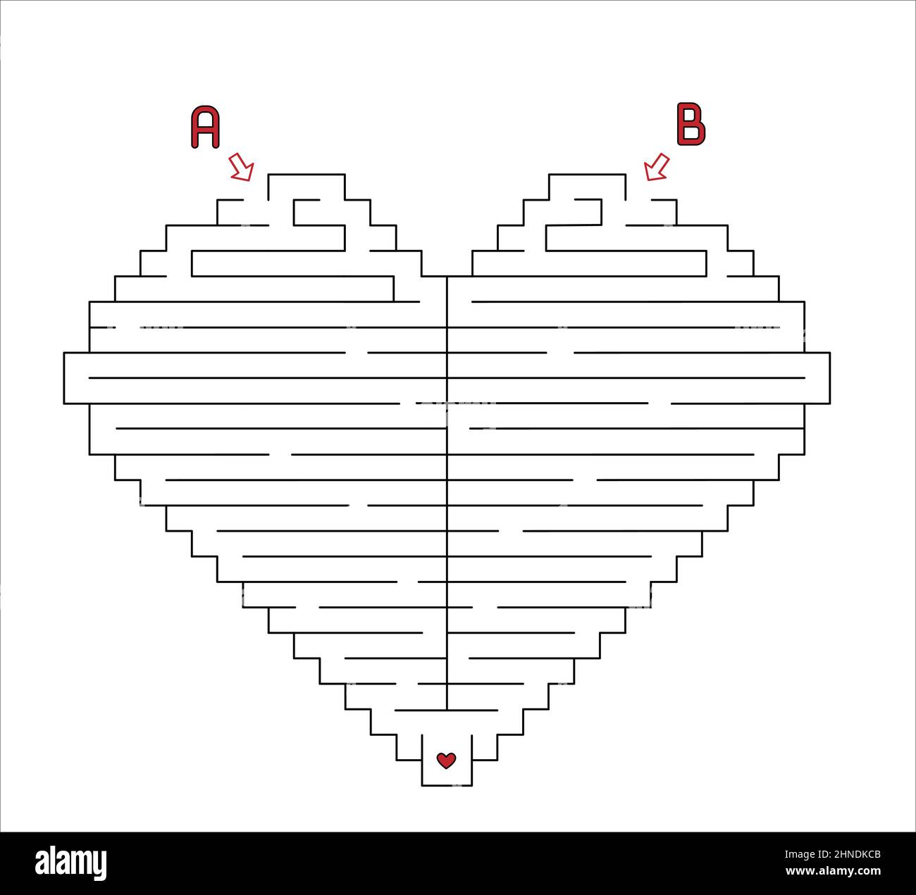 Maze with heart shape with two entries and two ways to goal. Valentines ...