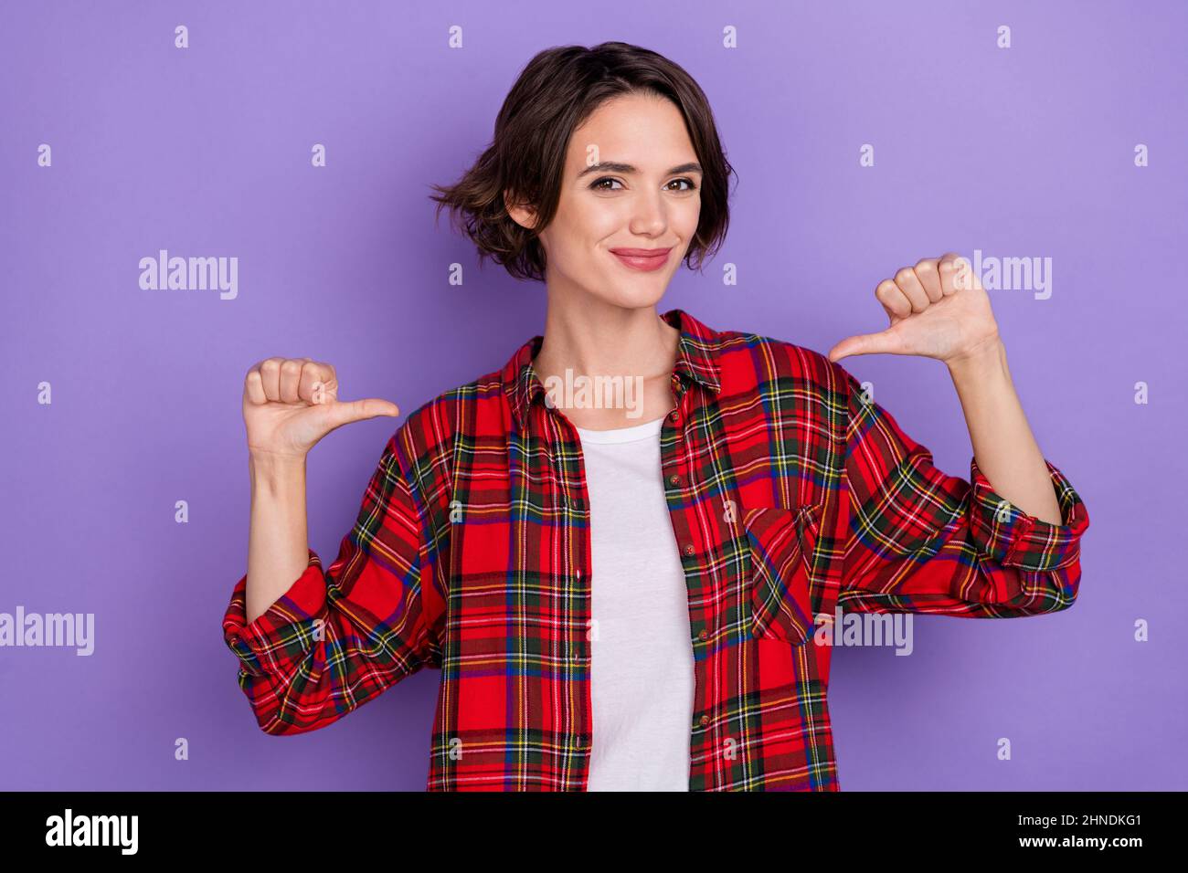 Photo of nice young bob hairdo lady index herself wear plaid shirt ...