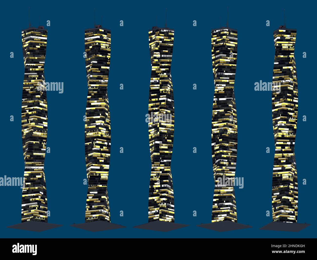 modern fictional towers at night with glowing lights, isolated bottom ...