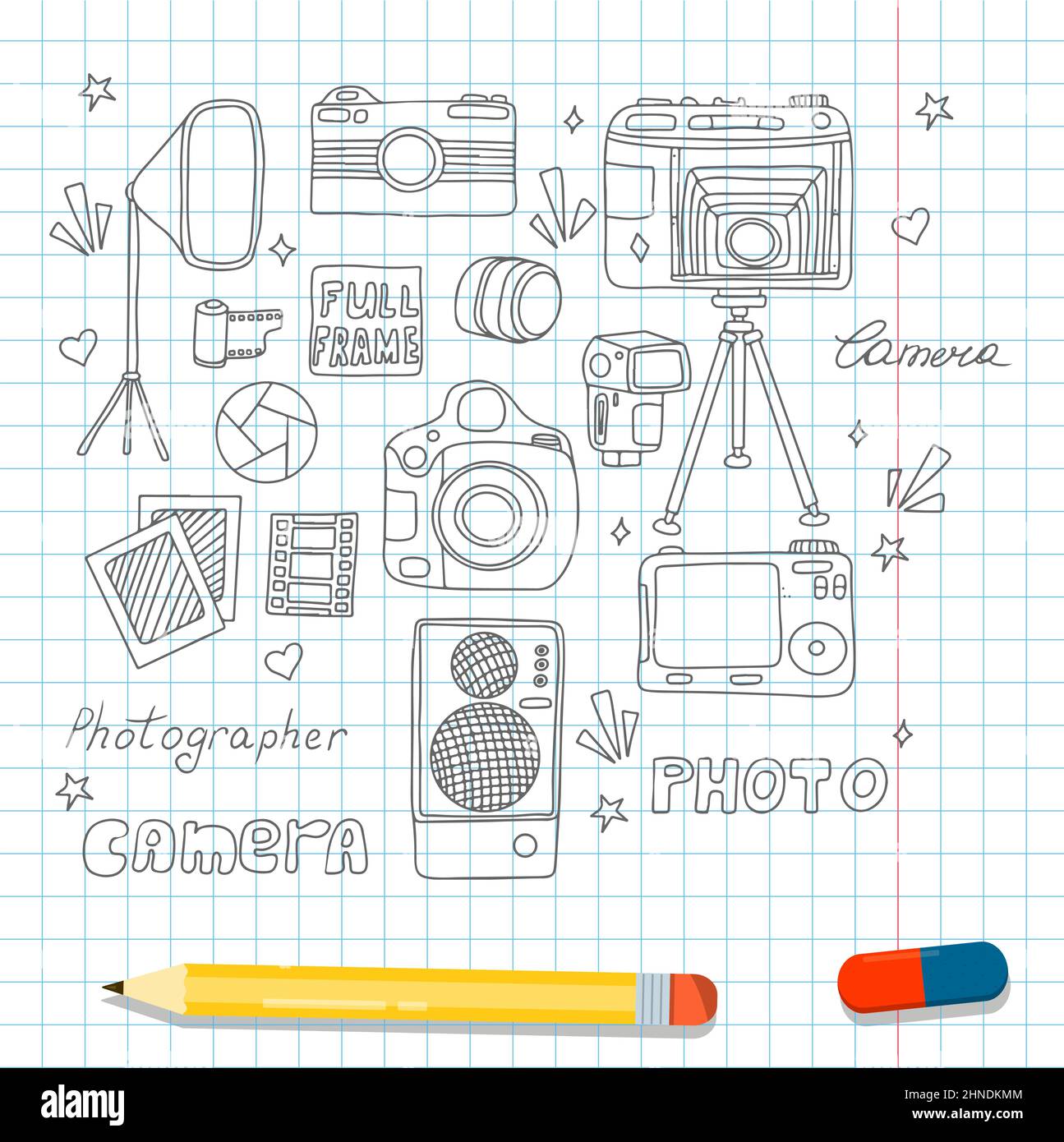 Vector photo cameras sketch set. Hand drawn style. Different types of ...