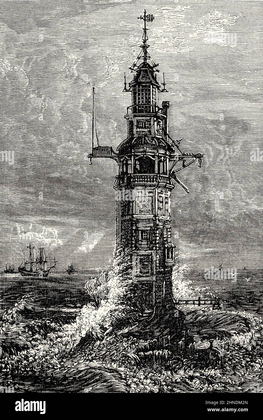 The first lighthouse on Eddystone Rocks built by Henry Winstanley, 1696 ...