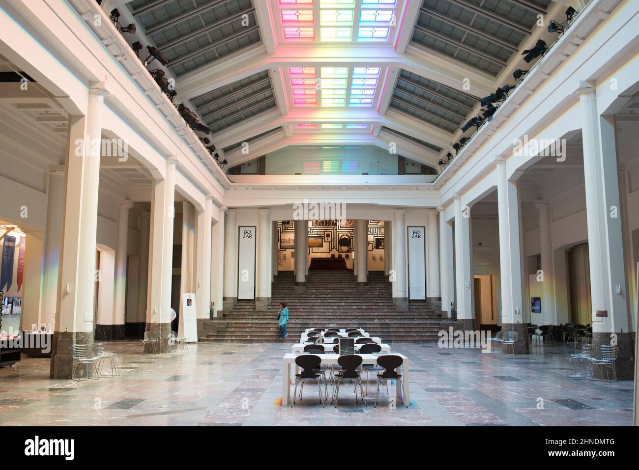 Inside of Bozar musuem in Brussels with rainbow colored glass on the ...