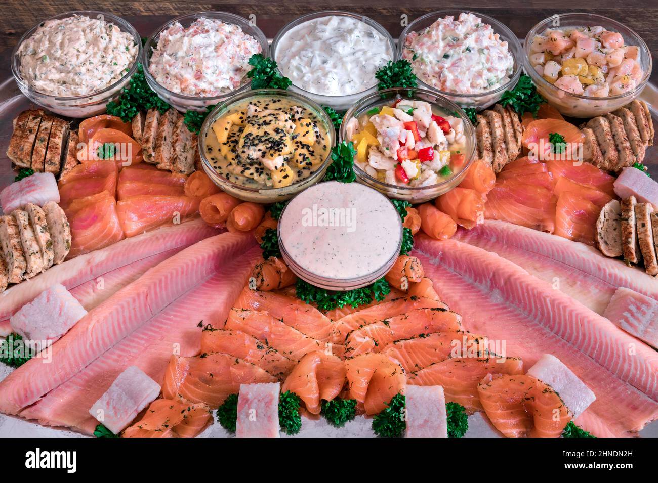 Arrangement of various different fish gourmet food, nicely arranged on ...