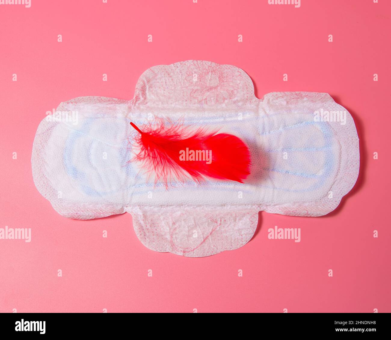 Sanitary napkin pad with red elegant feather lying on pink background ...