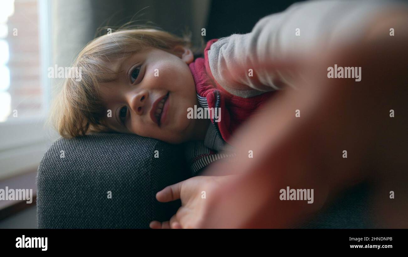 Cute child pushing camera away toddler wanting to touch lens Stock ...