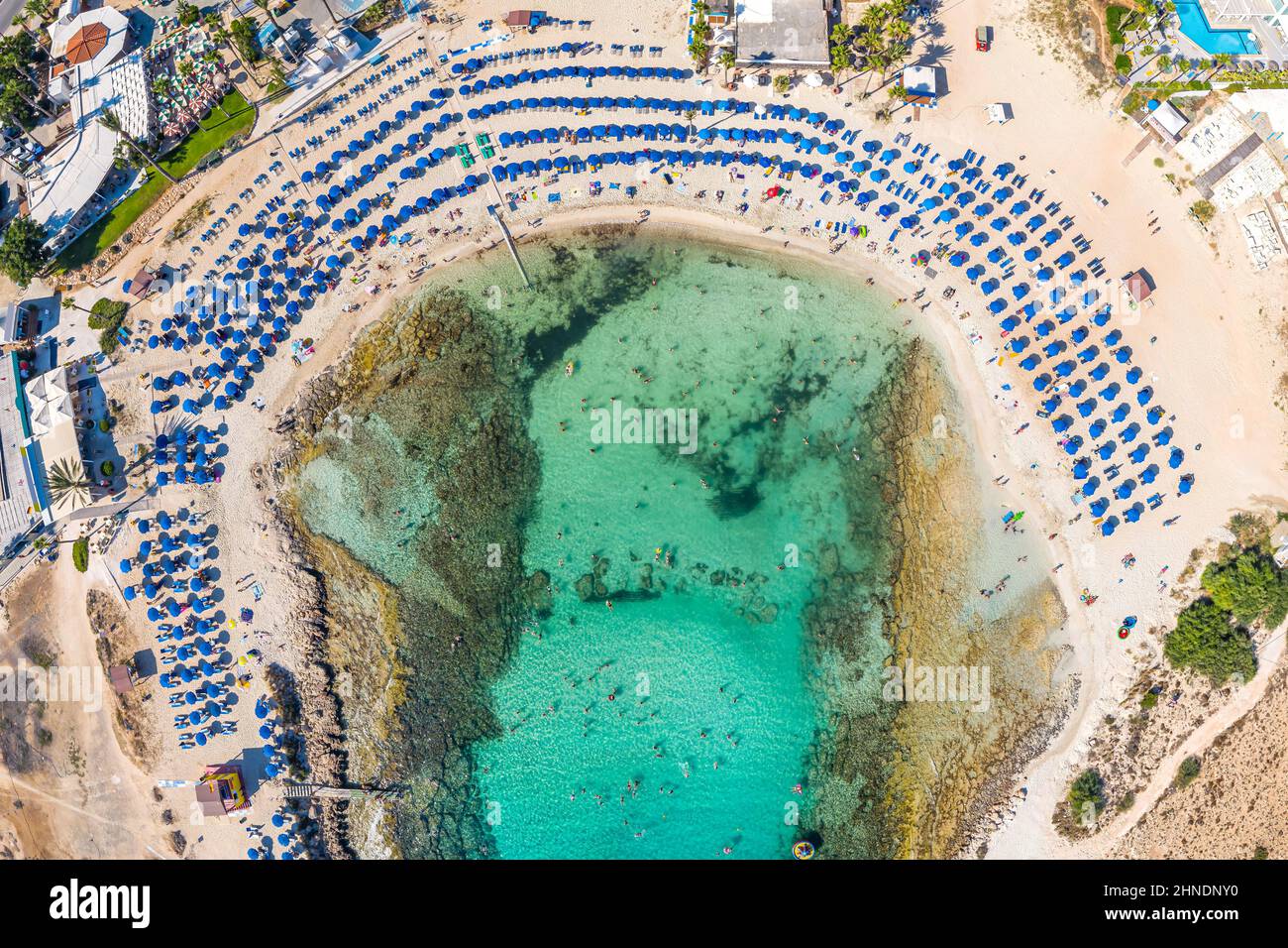 Overhead aerial view of Sandy Bay beach in Cyprus Stock Photo - Alamy