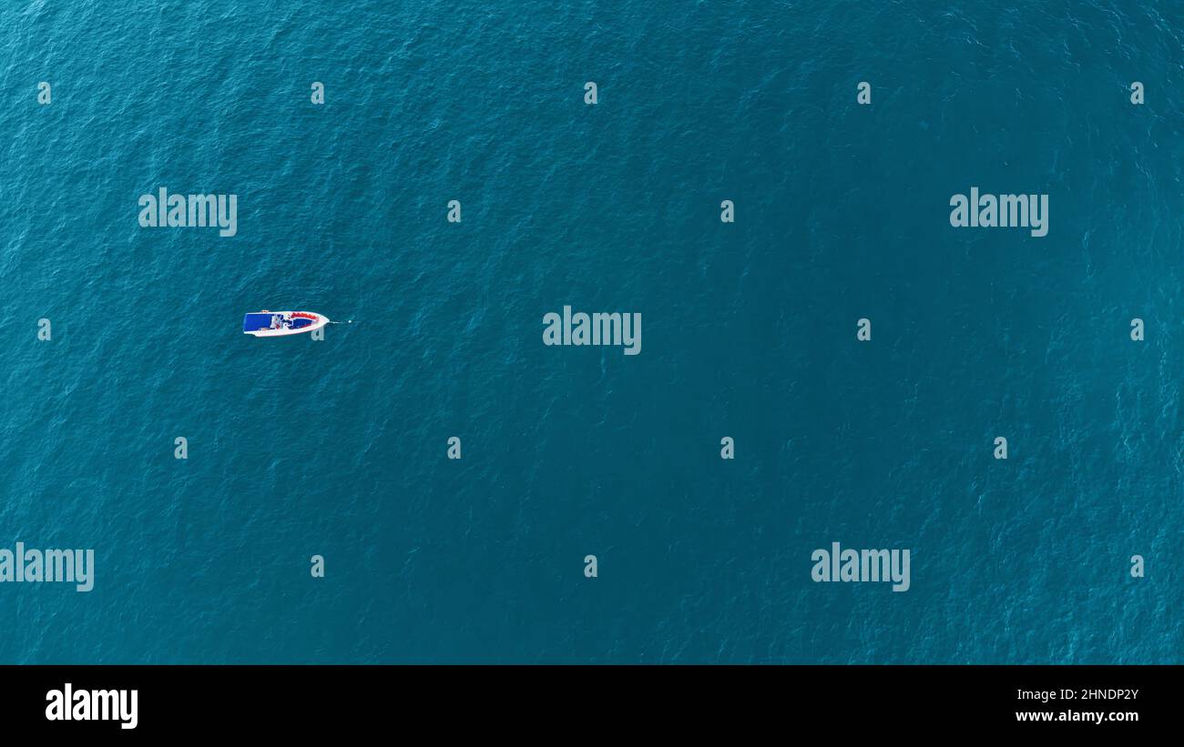Aerial drone top down photo of speed boat anchored Stock Photo - Alamy