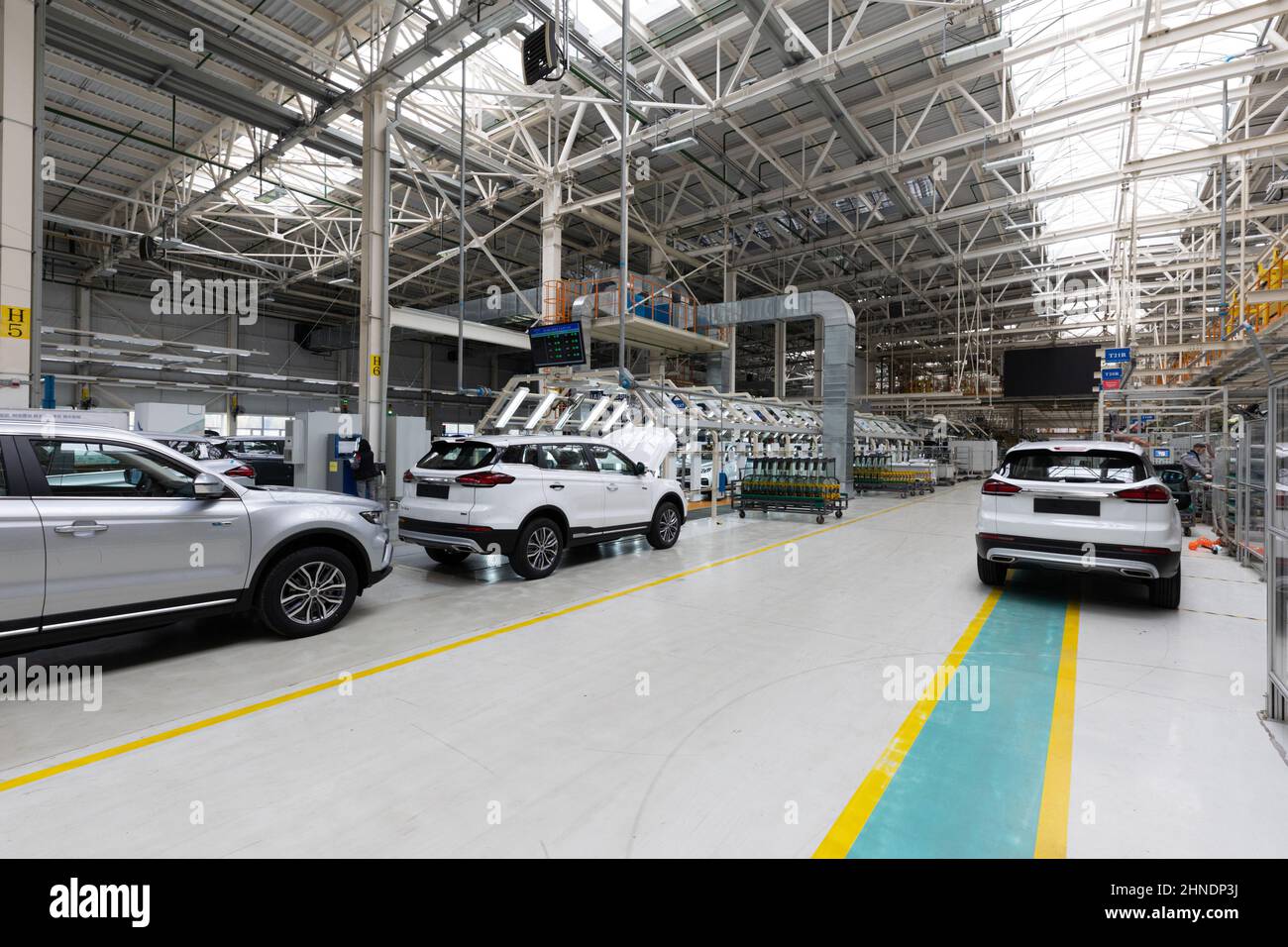 Automobile production line. Modern car assembly plant. Interior of a ...