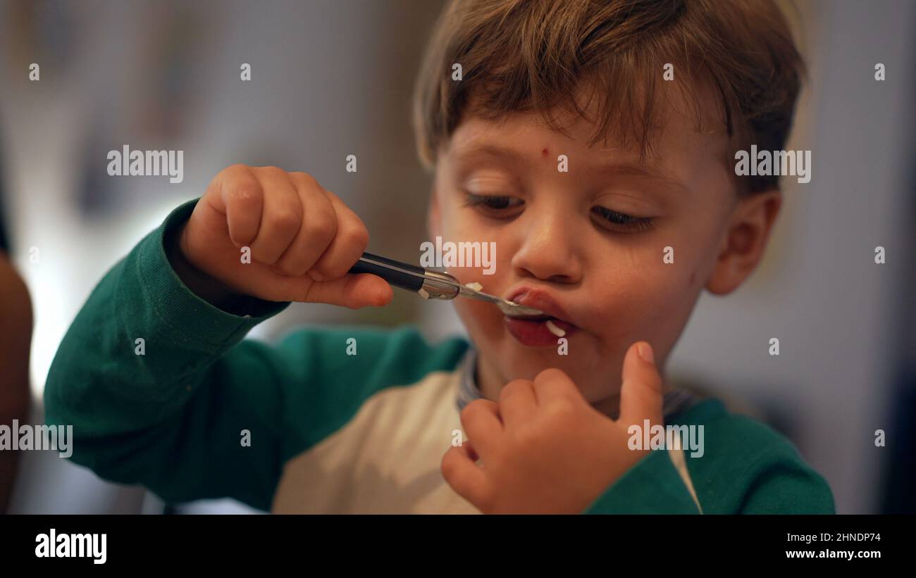 Little boy eating rice with spoon. Child eats food by himself Stock ...