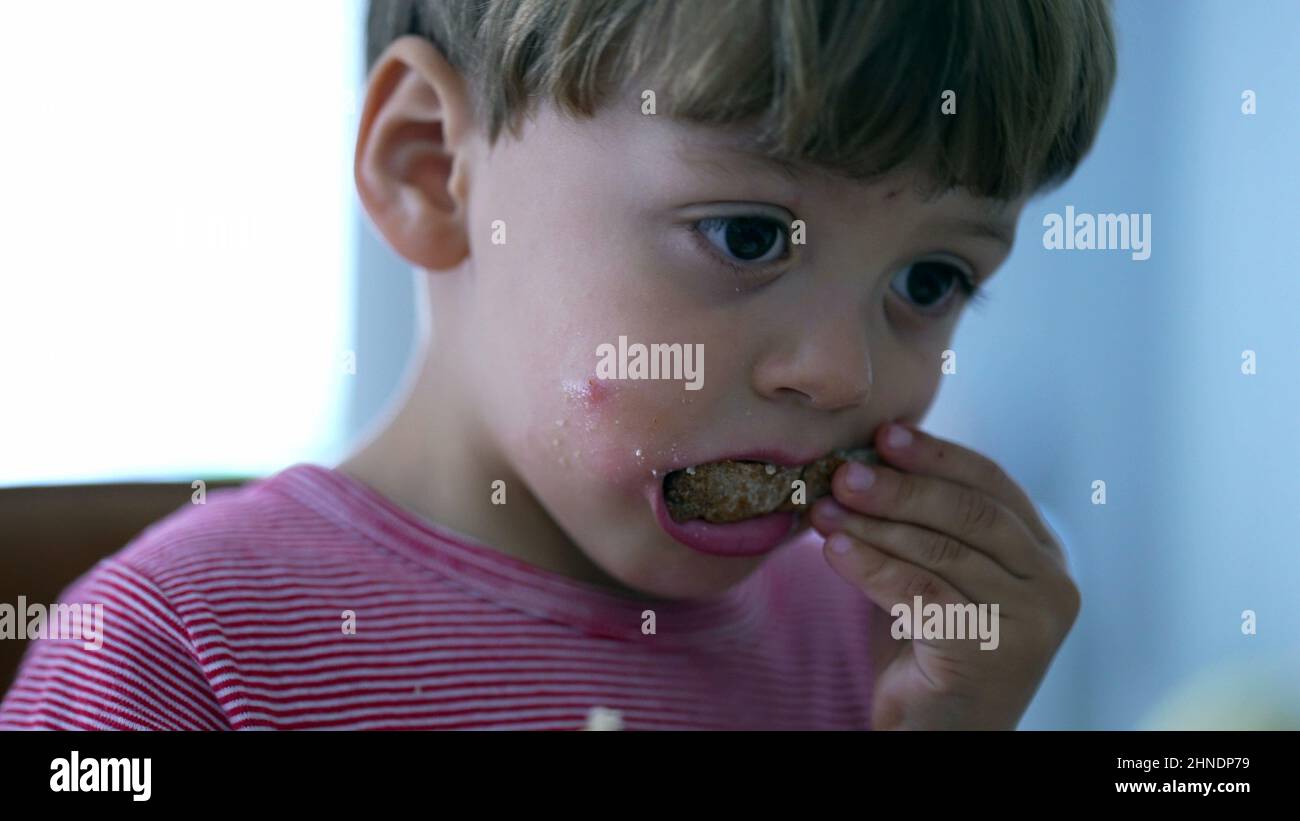 Little boy eating piece of bread child eats carb food Stock Photo - Alamy