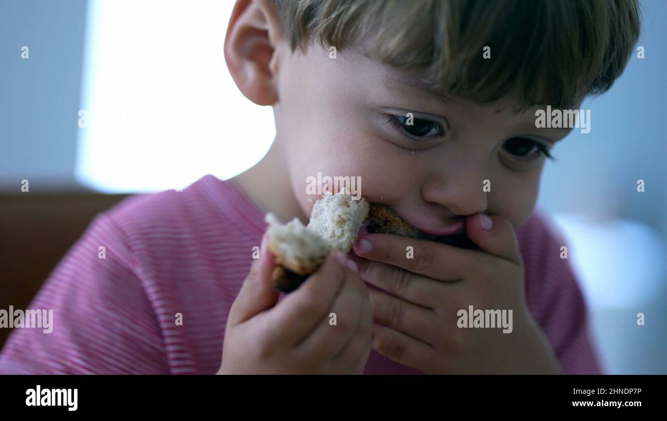 Little boy eating piece of bread child eats carb food Stock Photo - Alamy