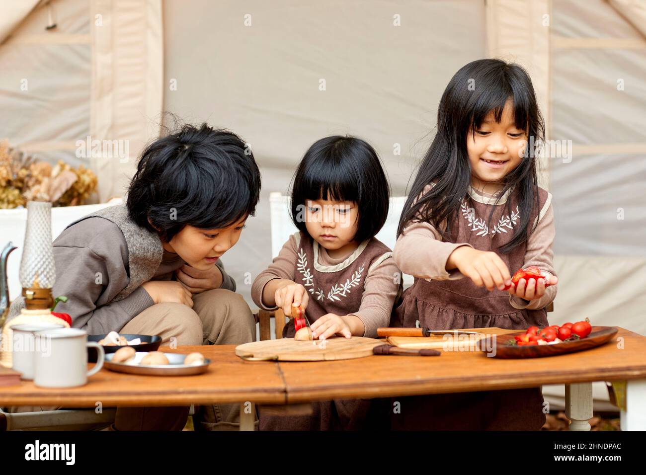 Japanese Siblings Making Camping Rice Stock Photo - Alamy