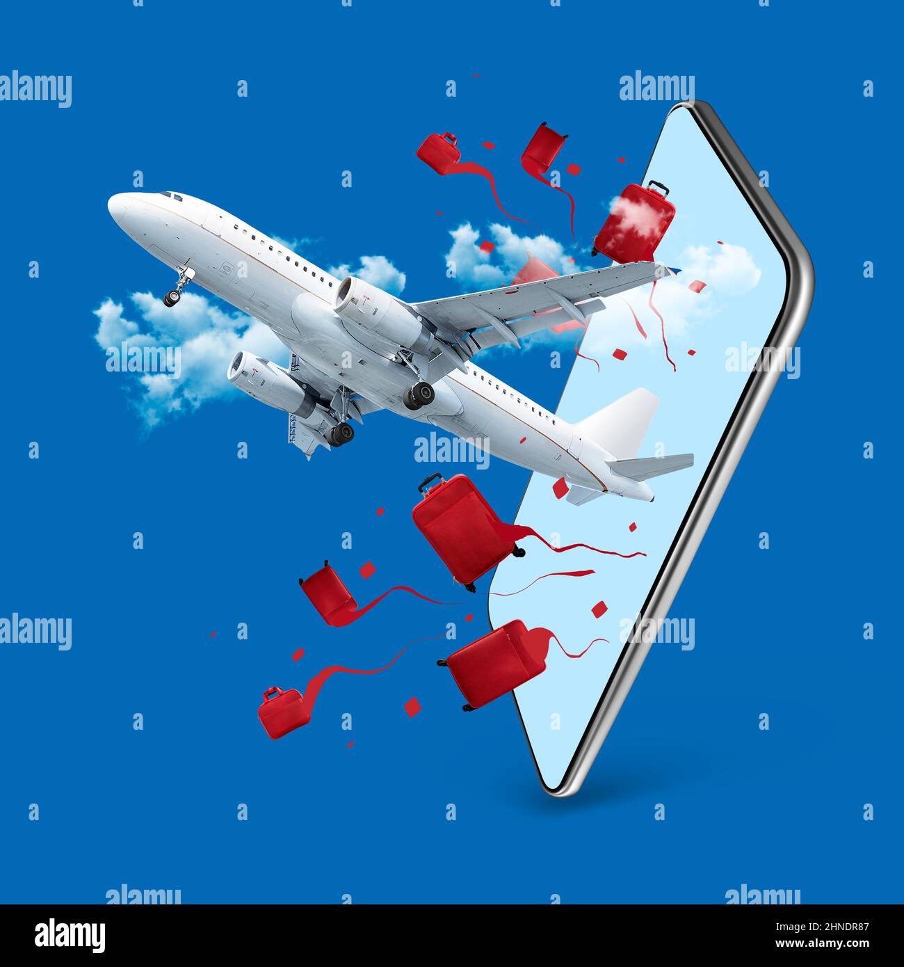 On vacation. Big plane, aircraft flies out of phone screen on blue sky ...