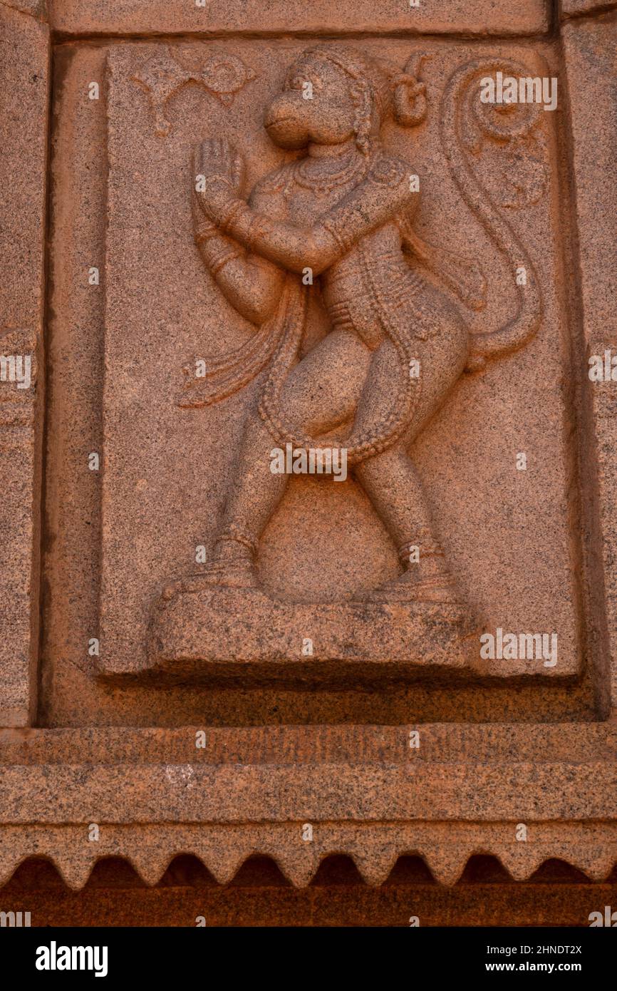 a close view of Hanuman relief sculpture on Hazaara Rama temple wall ...