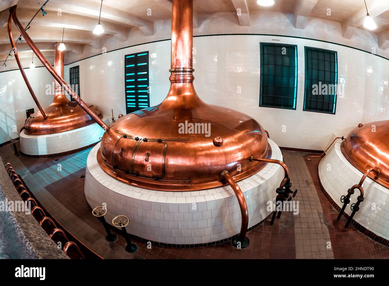 Vintage copper fermentation tanks. Brewery interior Stock Photo - Alamy