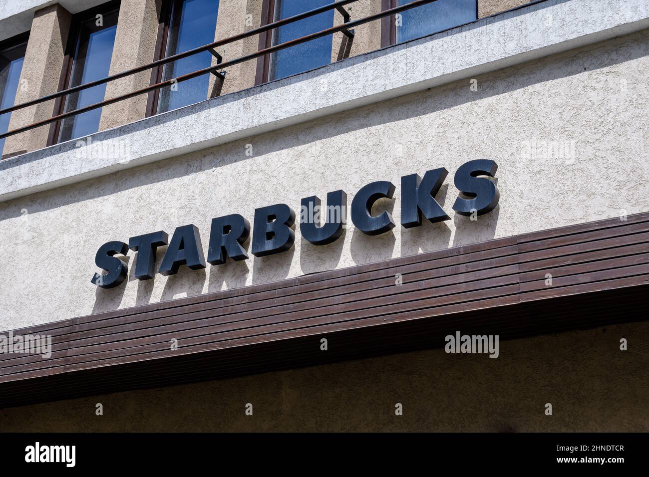 Bucharest, Romania - 6 May 2021: Entry sign with logo for Starbucks ...