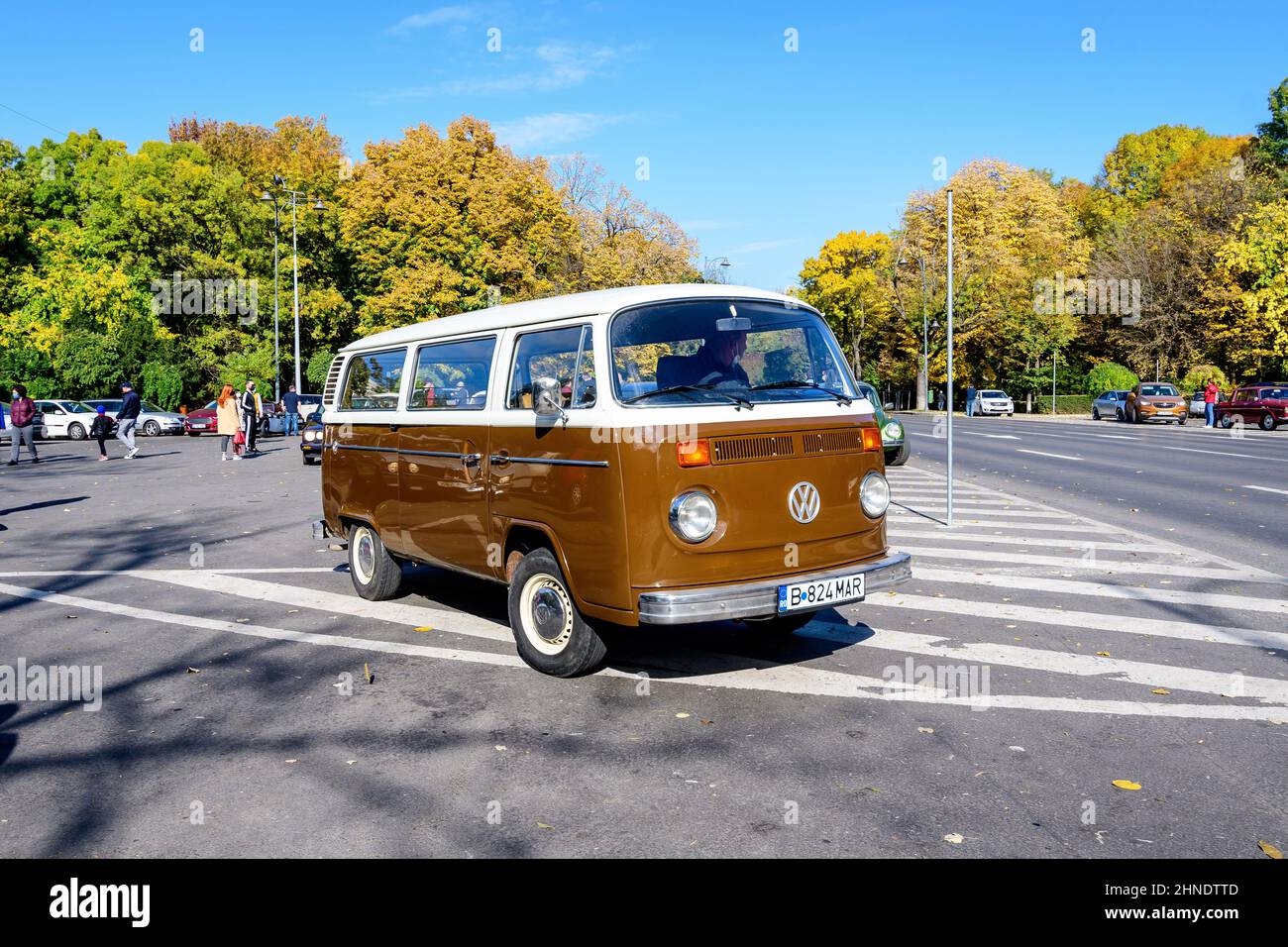 Bucharest, Romania, 24 October 2021: Vivid brown Volkswagen combi ...