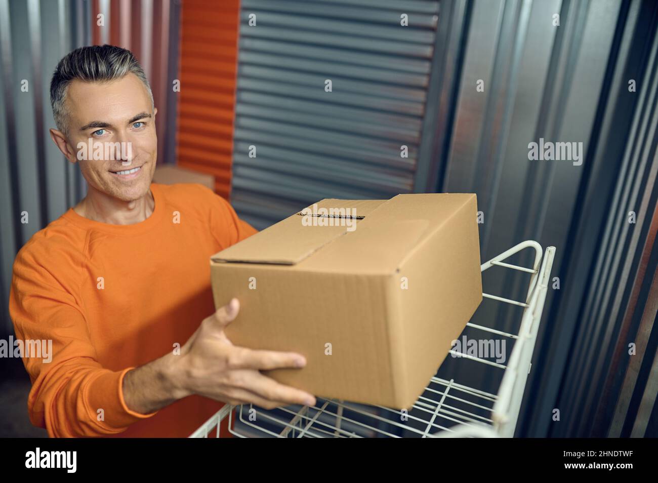 Employee arranging boxed items on the shelving unit Stock Photo - Alamy