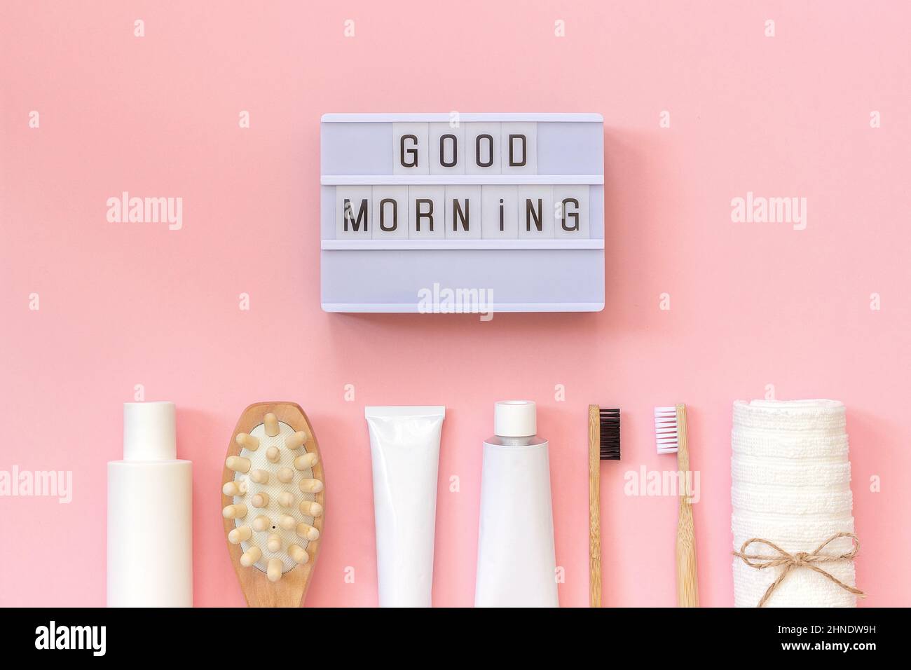 Light box text Good morning and set of cosmetics products and tools for ...