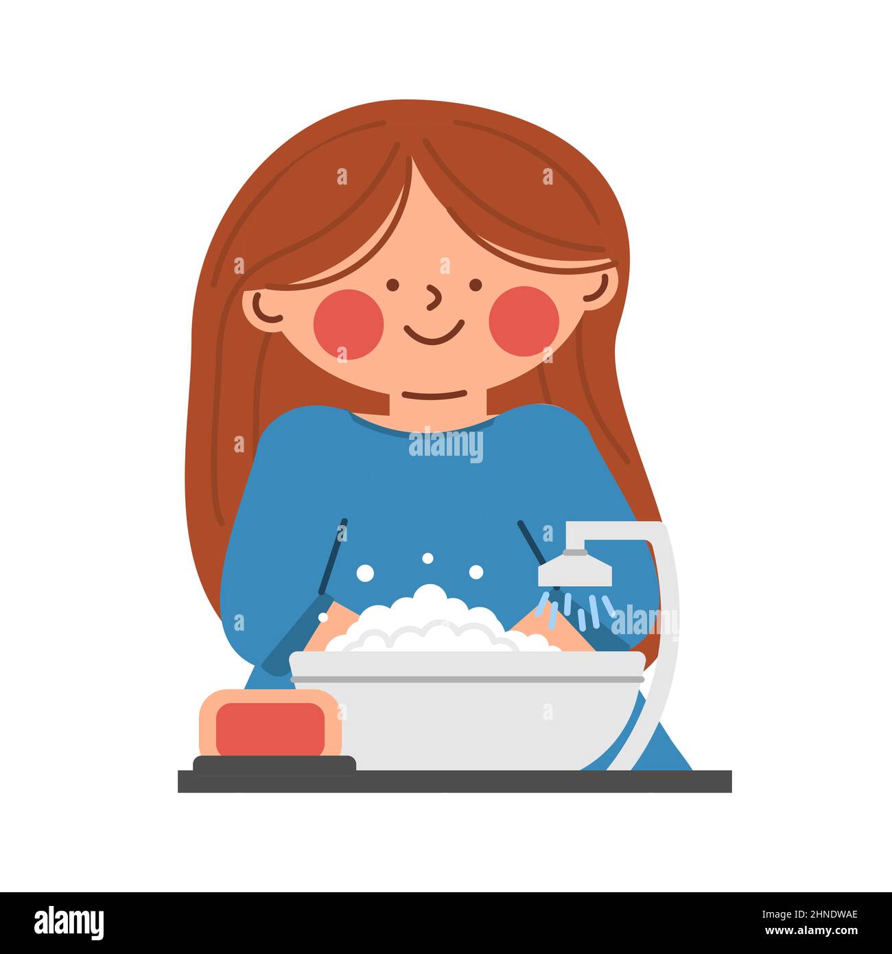 Cute little character teenager girl. Morning routine of hygiene ...