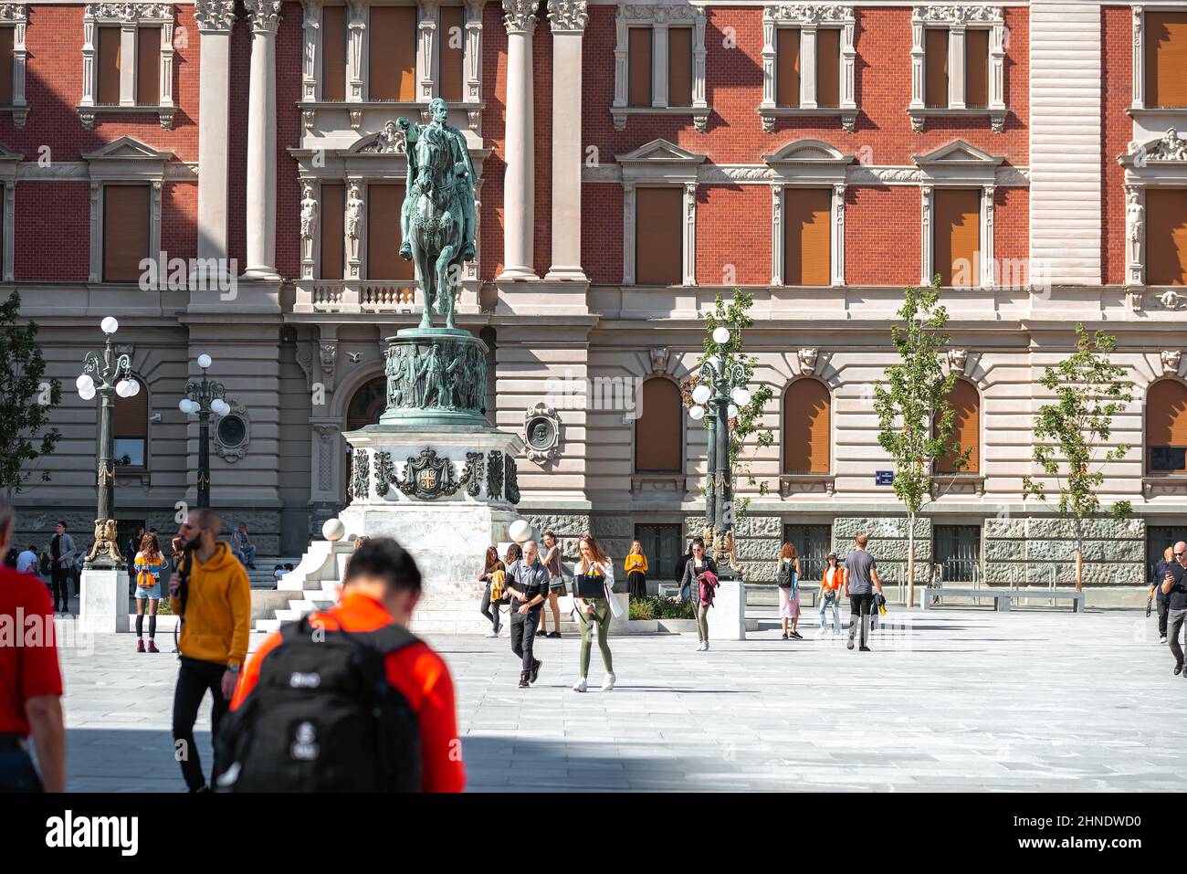Belgrade, Serbia - September 25, 2019: Republic Square with the statue ...