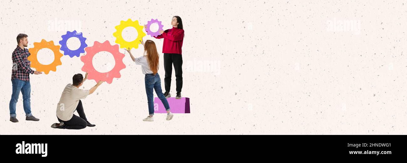 Creative design. Employees, office workers connecting puzzle gears symbolizing successful and ...