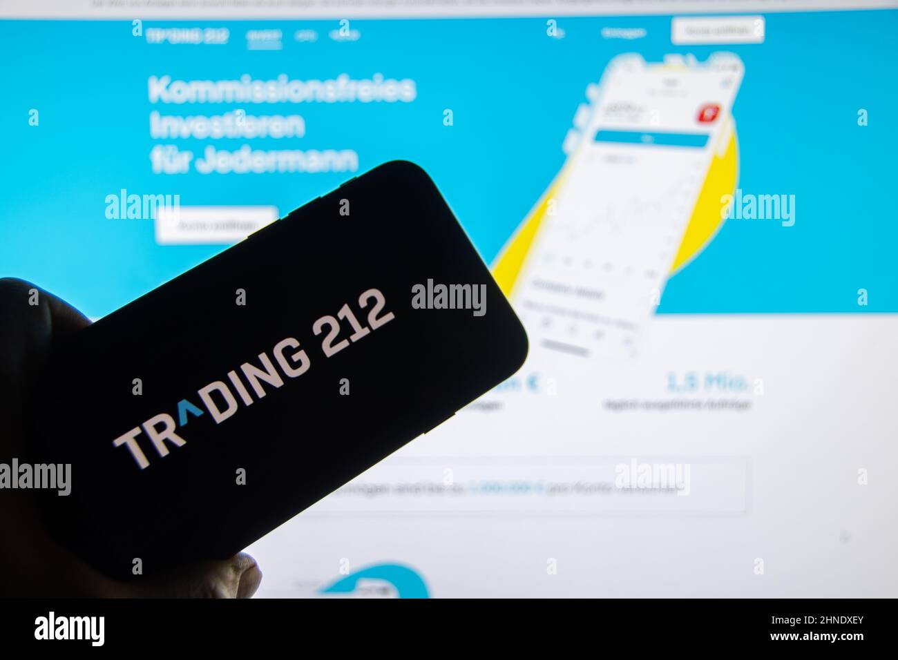 Rheinbach, Germany 15 February 2022, The "Trading212" brand logo on a ...