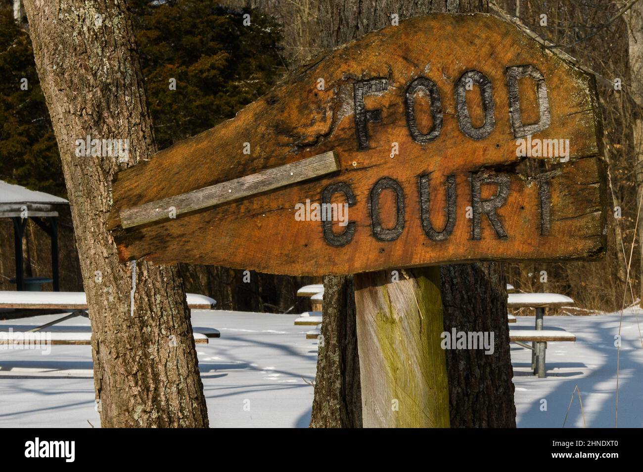 Direction sign with a food court text on it Stock Photo - Alamy