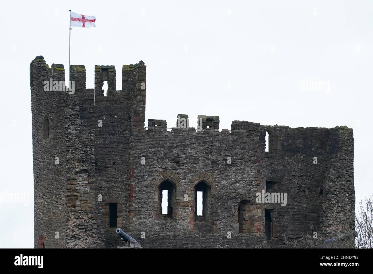 Dudley Castle showing the St George flag before Storm Dudley hits large ...