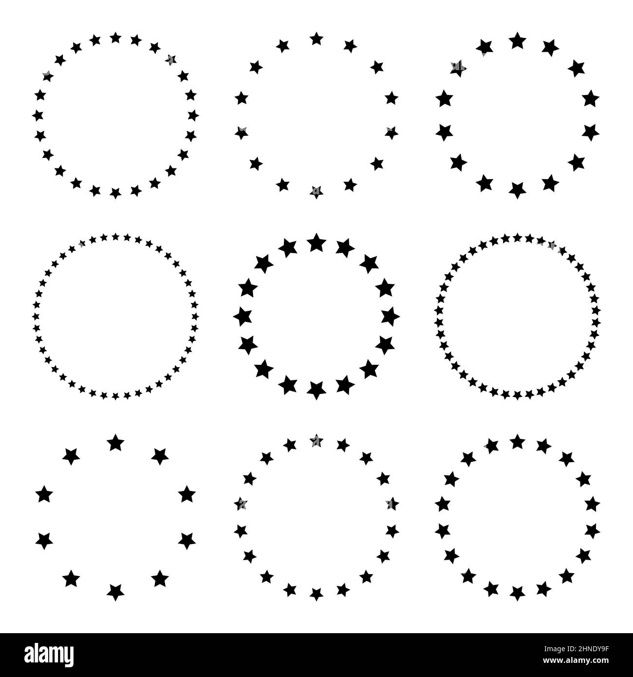 Stars of various sizes arranged in a circle. Round frame, border. Black ...