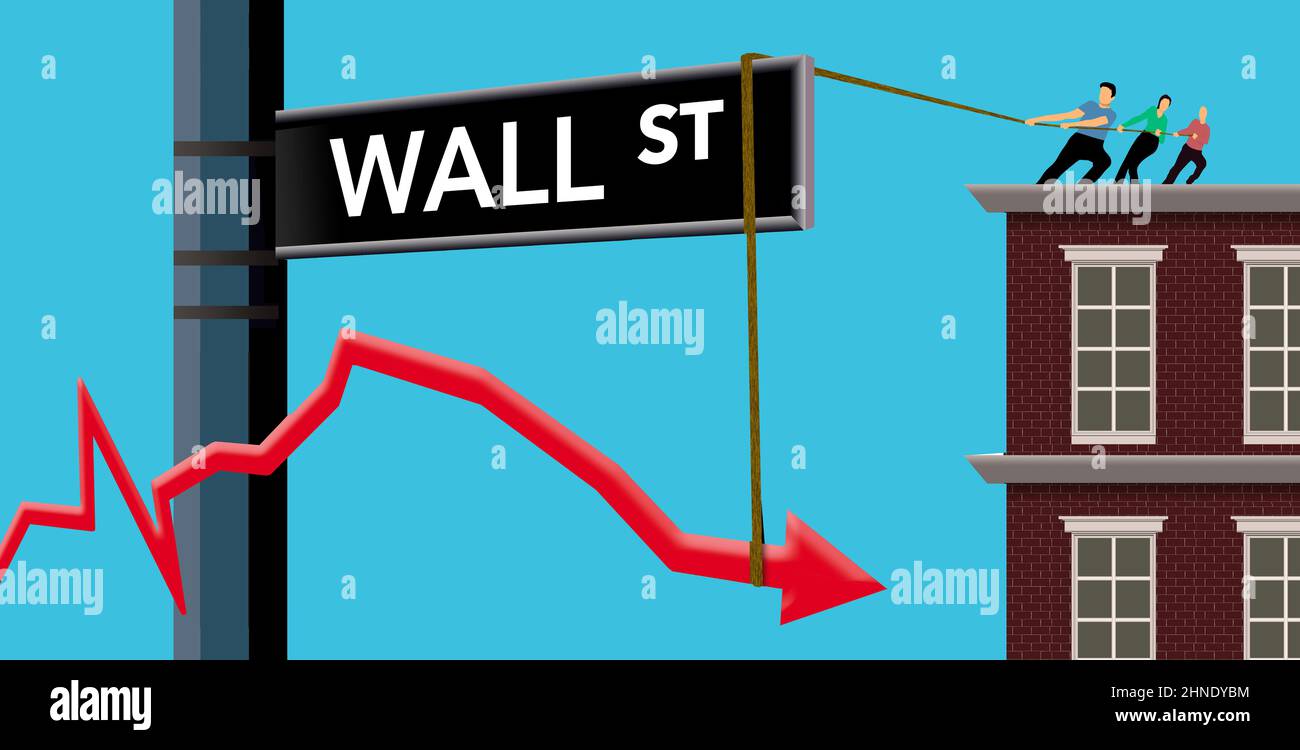 Investors tug on a rope looped over a Wall Street sign as they struggle ...