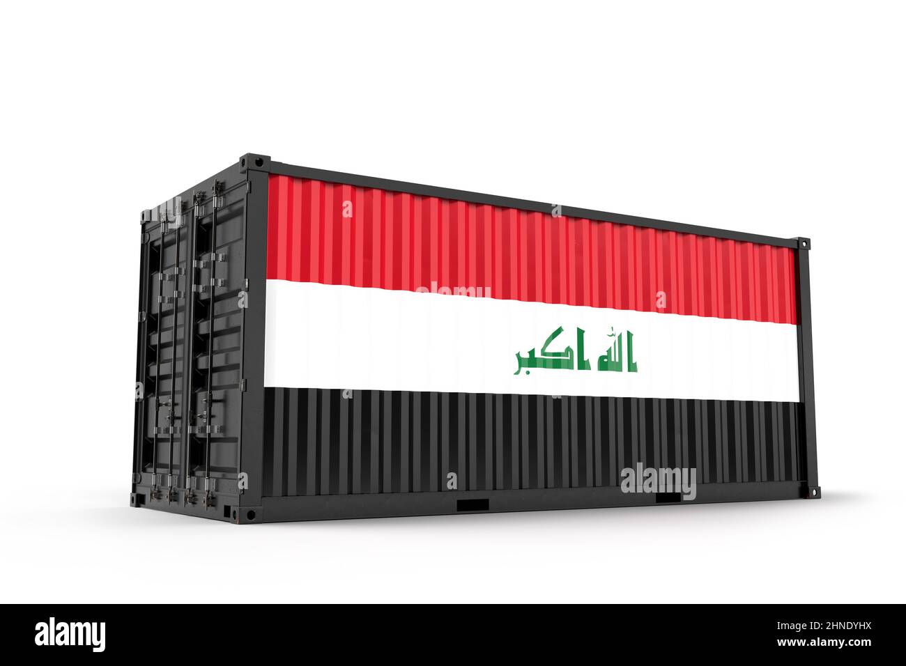 Realistic shipping cargo container textured with Flag of Iraq. Isolated ...