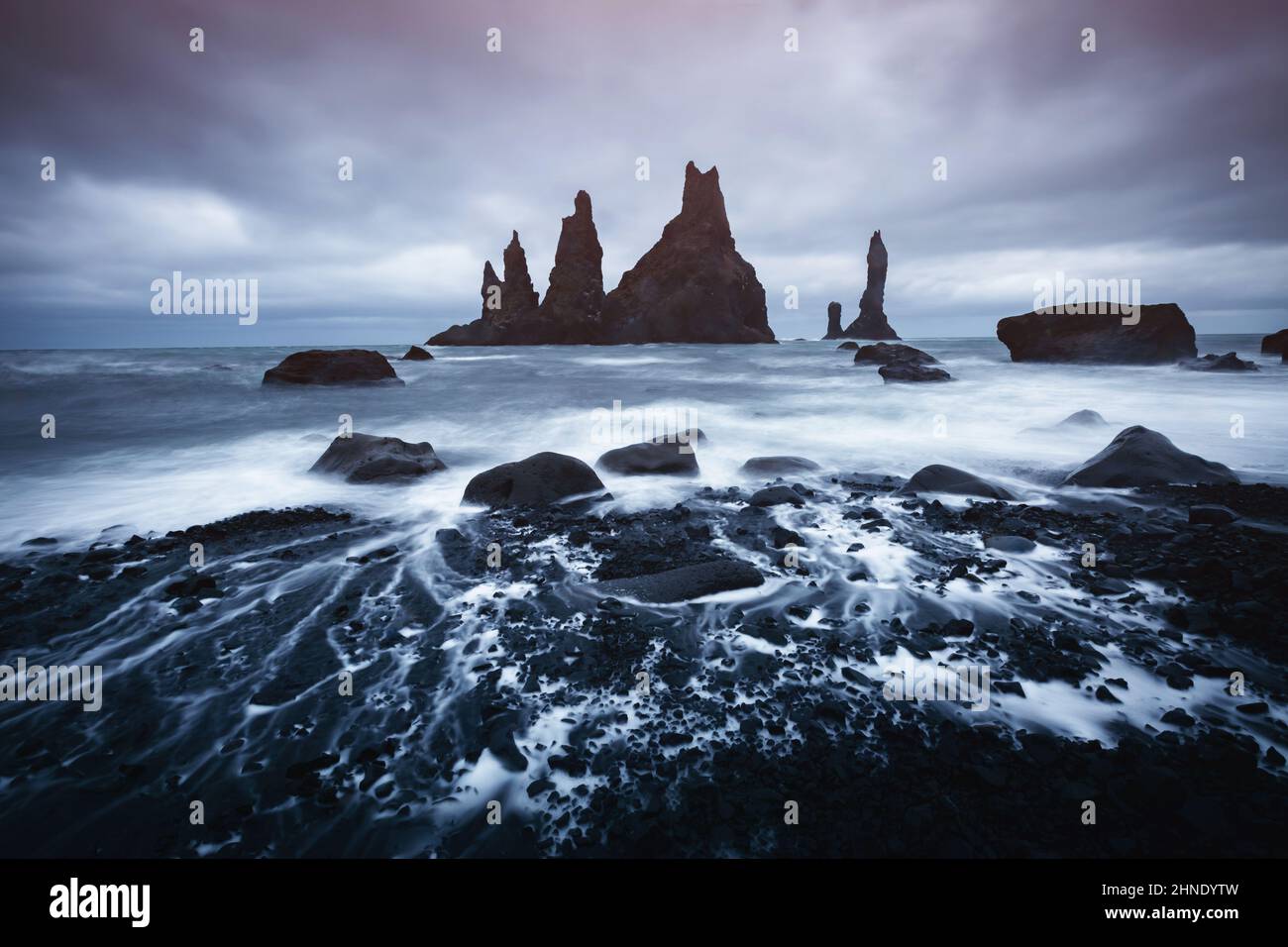 Scenic image of beautiful nature landscape. Reynisdrangar basalt rocks ...
