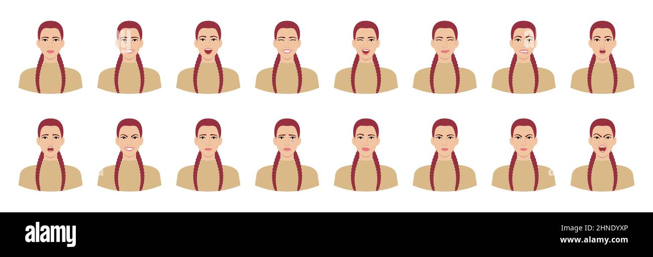 Set of white pink-haired woman emotions. Variations of female facial ...