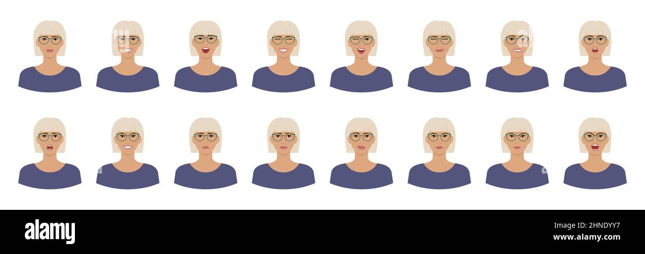 Set of emotions of woman with short dyed hair. Variations of female ...