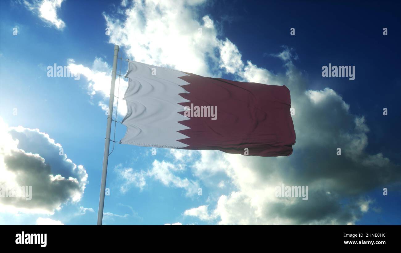 Flag of Qatar waving at wind against beautiful blue sky. 3d rendering ...