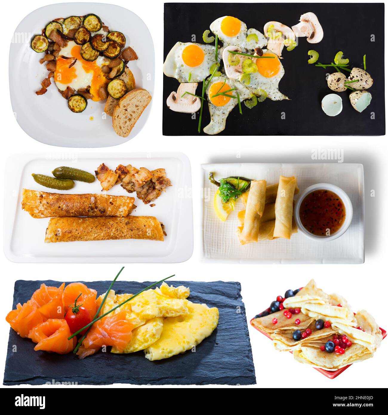 View of many plates with different food over white background Stock ...