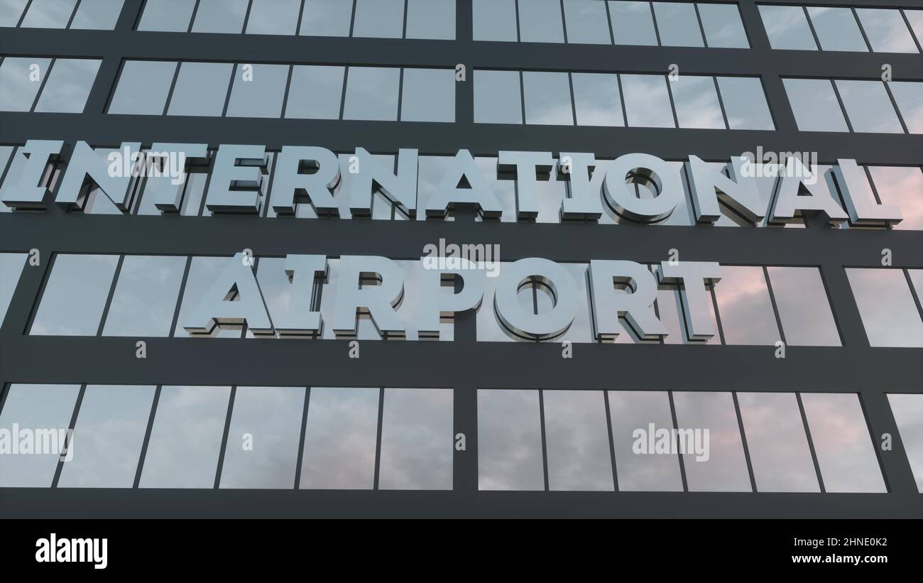 Airport terminal building. Airport sign on a modern glass skyscraper ...