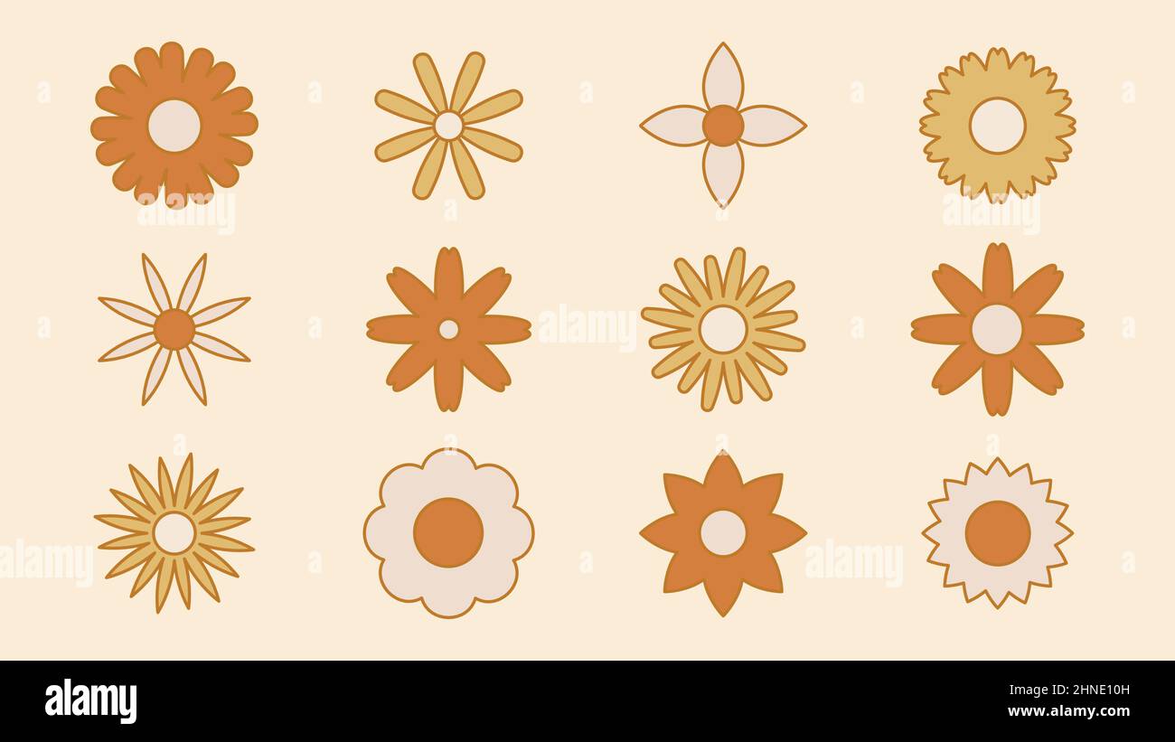 Collection of simple blooming flowers in 1970s psychedelic hippie style ...