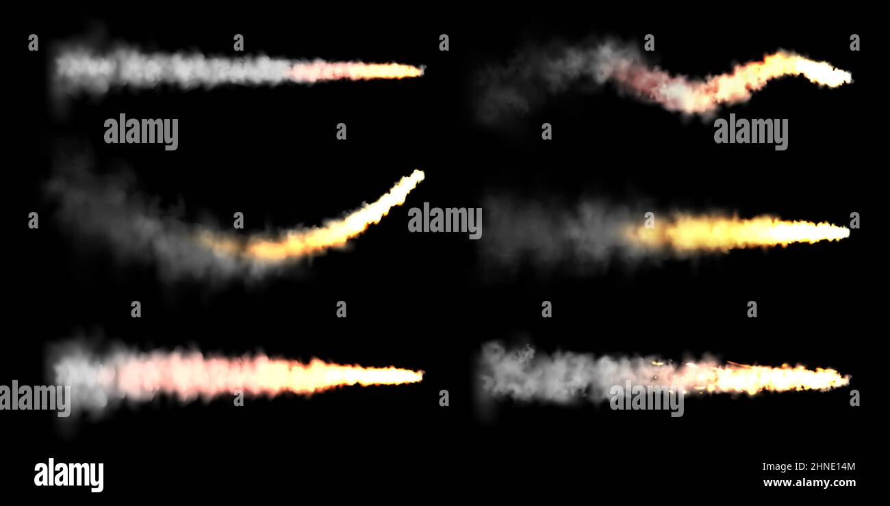 Realistic space rocket launch trails on black background. Fire burst ...