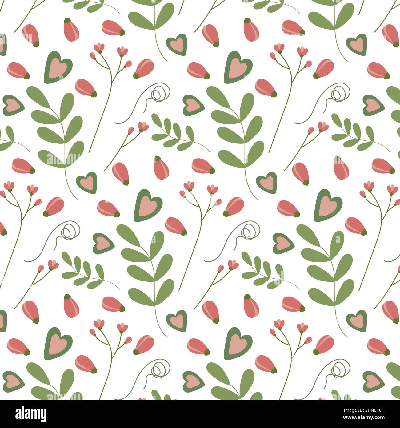Repeating spring pattern with green twigs, pink flowers, buds and ...