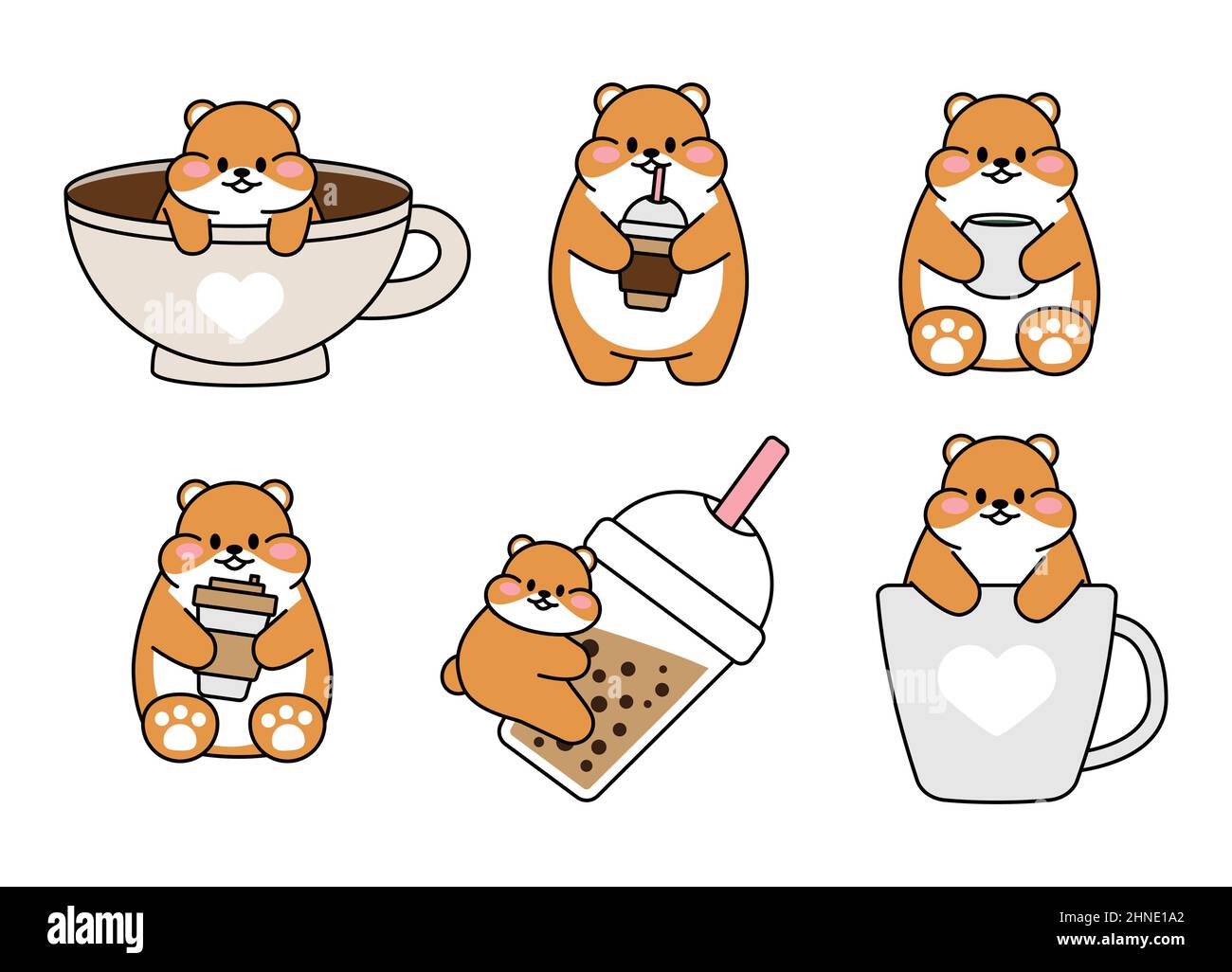 Set of cute drawn hamsters. Kawaii hamster in a big mug of coffee tea ...