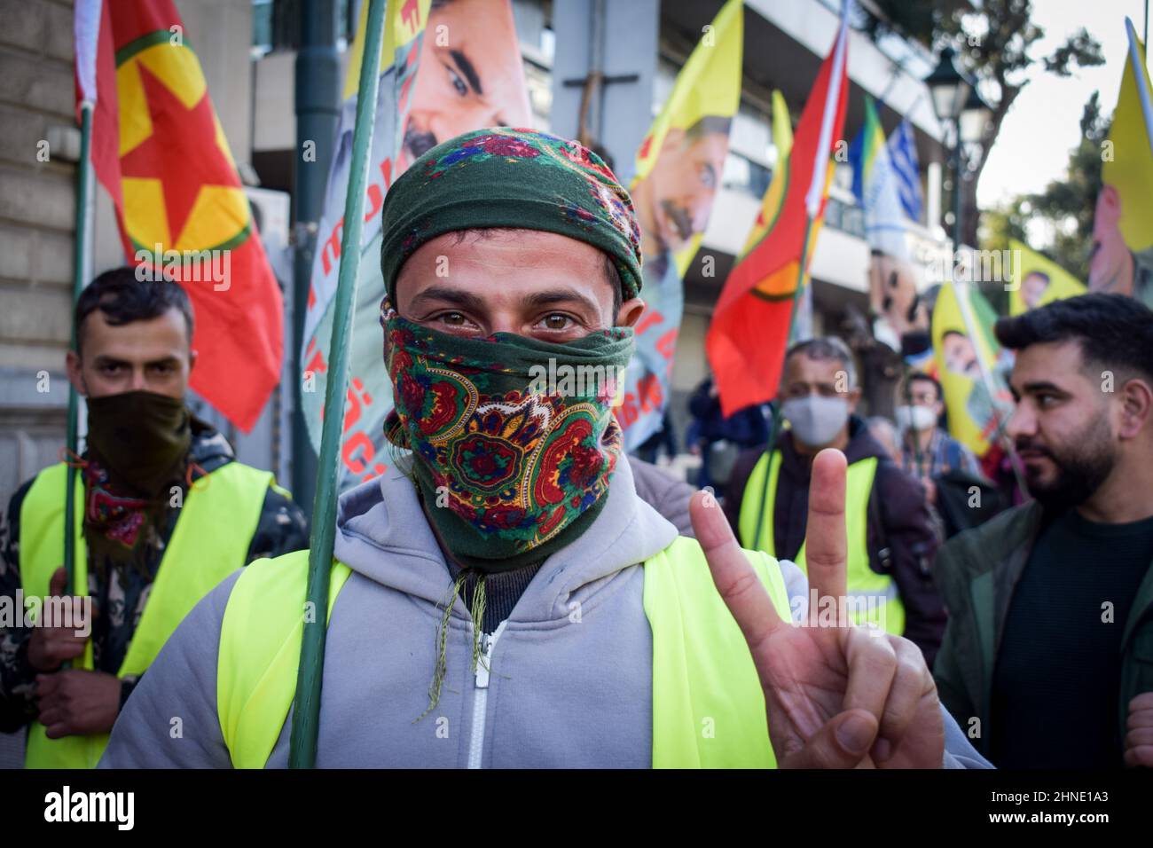 Kurdish activists march in the center of the Greek capital holding ...