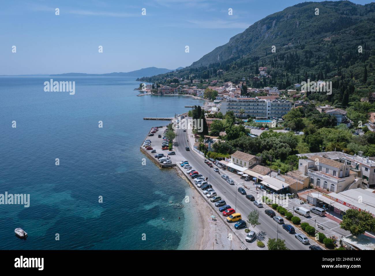 Aerial view of Benitses, small village on a east shore of Greek Island ...